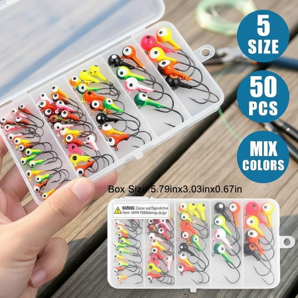 50 Pcs Round Ball Head Jig Hooks – Crank Jig Head Hooks for Bass ...